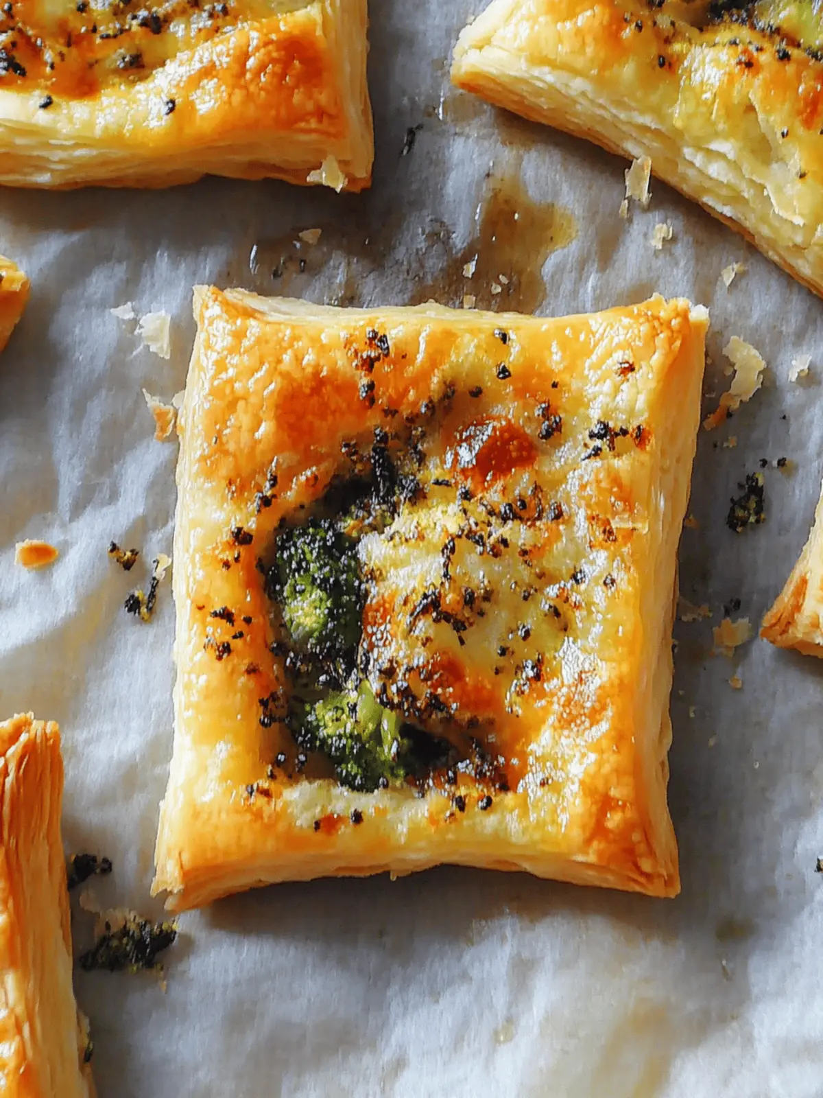 Irresistible Upside Down Puff Pastry Squares with Broccoli & Cheddar